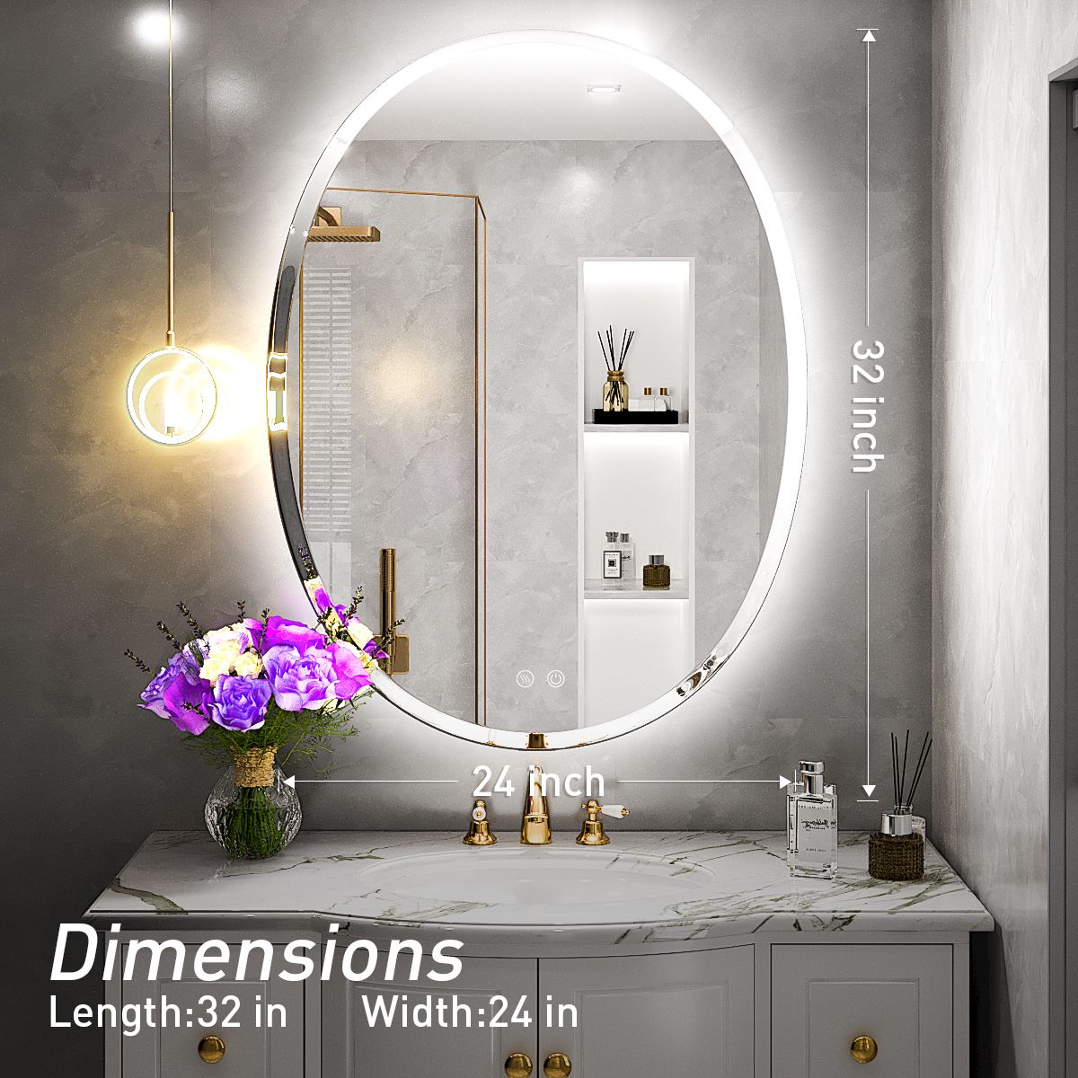 Kahnpan 24x32 Inch Oval LED Bathroom Mirror, Backlit Beveled Mirror ...