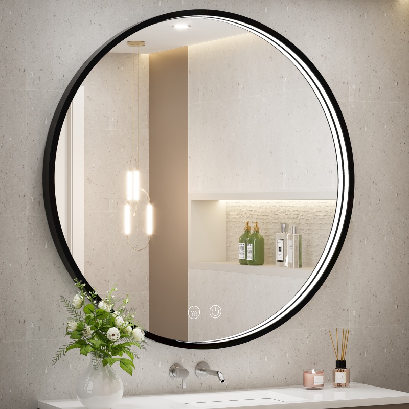 Kahnpan 40 Inch LED Black Frame Round Mirror Bathroom,Round Vanity ...
