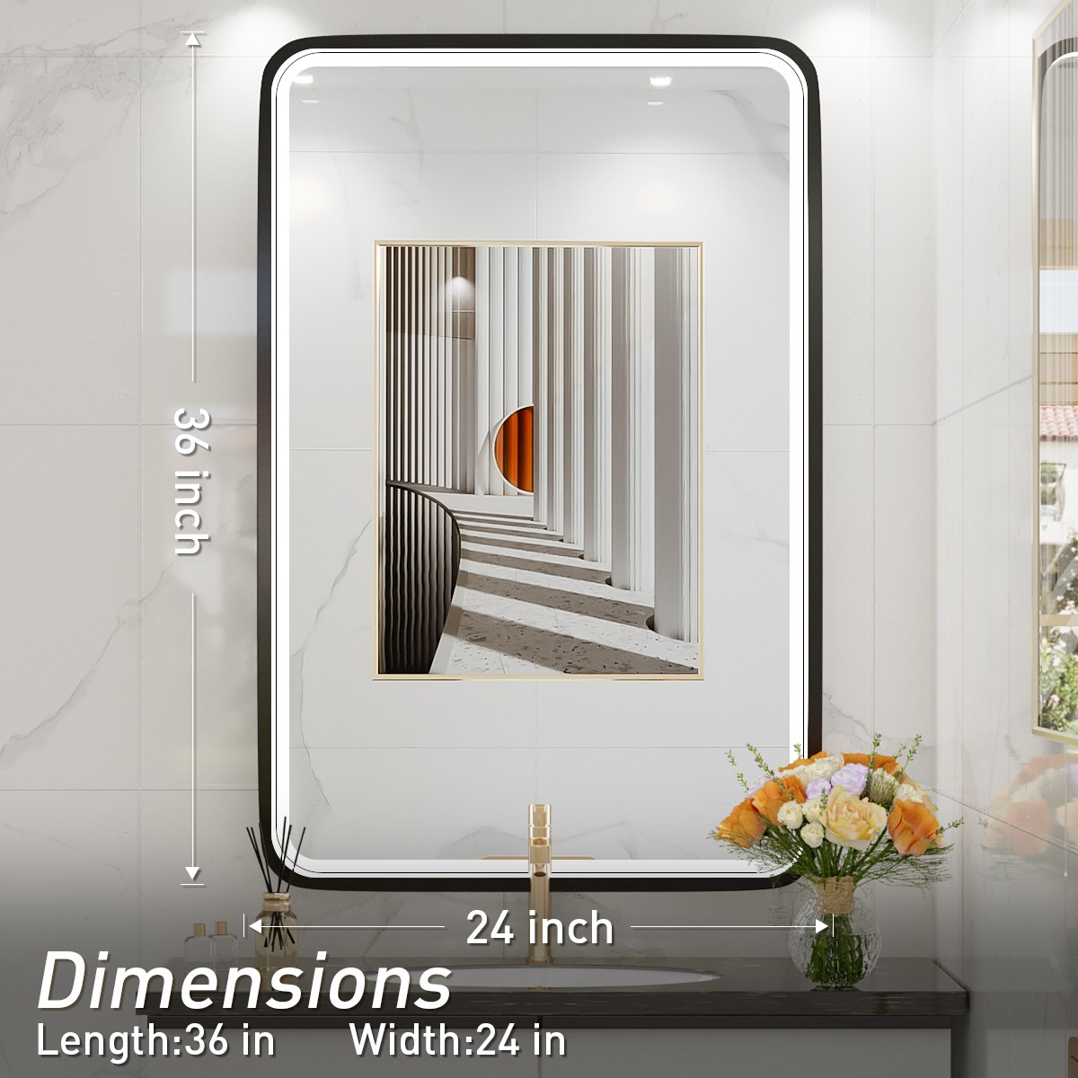 Kahnpan 24x36 Inch LED Bathroom Mirror with Lights, Black Metal Framed ...