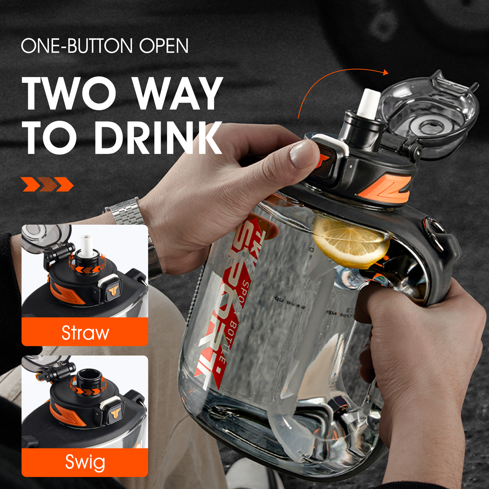 TKK 1000ml/1600ml/2000ml Large Capacity Plastic Water Bottle Jug with Straw Dishwasher Safe BPA ...